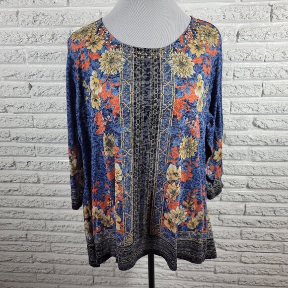 Ruby Rd. | Tops | Ruby Rd Women Top X 34 Sleeve Blue Floral Asymmetric ...